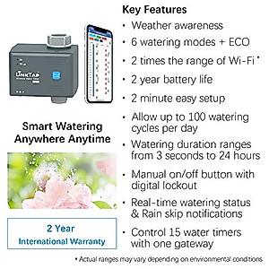 LinkTap G1S Wireless Water Timer & Gateway - Smart Sprinkler Timer with App, Remote Irrigation for Garden, Weather Aware, Greater Range than WiFi, Manual Control & Digital Lockout, 2 Year Battery Life