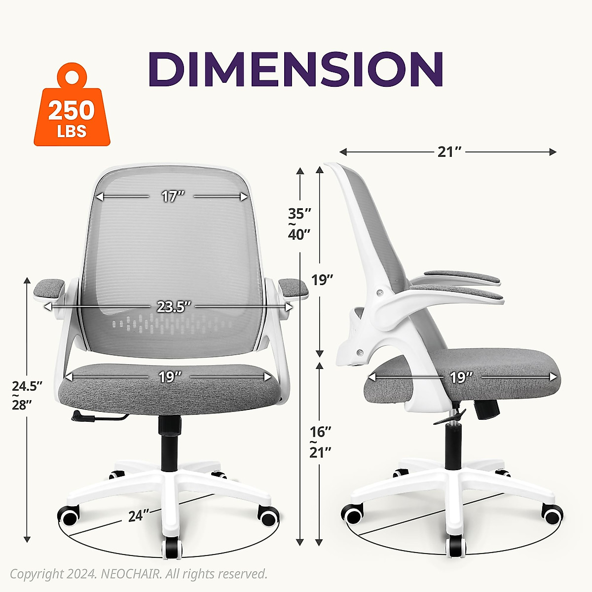 NEO CHAIR Ergonomic Office chair Gaming Desk Computer Chair with Adjustable Height Comfy Lumbar Back Support Flip-Up Padded Armrests and Wheels for Home Office Vanity (Grey)