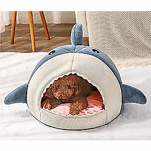 Shark Shape Cat Cave Bed with Thick Cushion, Kitten Cat Soft Warm House for Indoor Cats Anti-Slip Bottom, Cat Tent with Removable Washable Cushioned Pillow, Cat Hut Sleeping Bag Small Dog Bed - XL