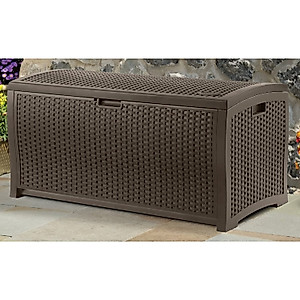 Suncast Trash Hideaway Outdoor Garbage Bin & 99 Gallon Deck Box w/ Seat, Java