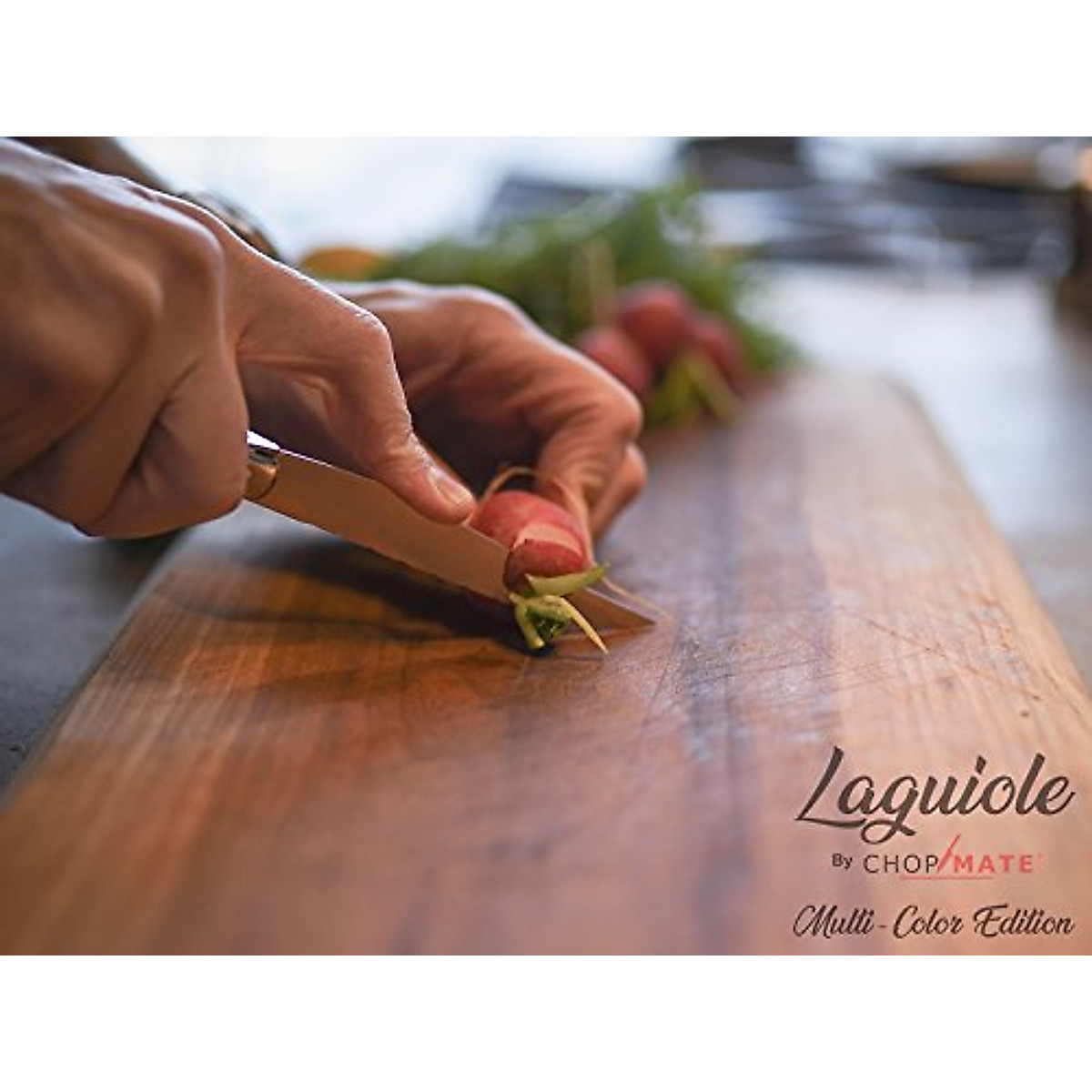 Chopmate - Laguiole Style - Stainless Steel Premium Steak Knife Set - Vibrant Multi Color Edition - 6 Piece Set + Bonus Wood Storage Display Block