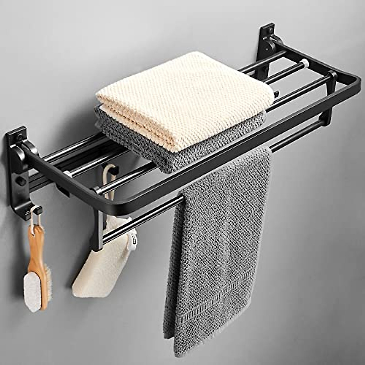 MUSTORN Towel Rack Wall Mount for Bathroom with Towel Bar and Hooks 23.6 in Foldable Towel Shelf Lavatory Towel Organizer Matte Black