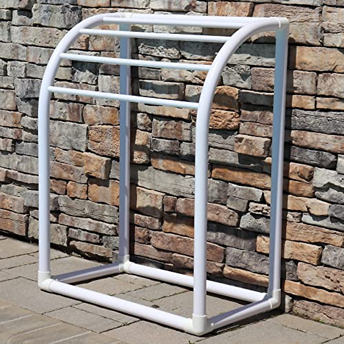 Essentially Yours 5 Bar Curved Towel Rack - Free Standing Poolside Storage Organizer - Also Stores Floats, Paddles and Noodles, 37.5" W x 23" L x 49.5 H, (White) Style 681577