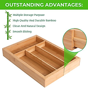 JS HOME Bamboo Expandable Drawer Organizer for Utensils Holder, Adjustable Silverware Organizer and Cutlery Tray, Wood Drawer Dividers Organizer for Silverware, Flatware, Knives in Kitchen