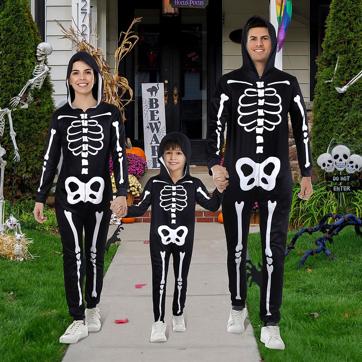 Liitrsh Halloween Skeleton Costumes Matching Family Jumpsuit with Hoodie Trick or Treat Pajamas for Women Men Kids Couple (Men,Large)