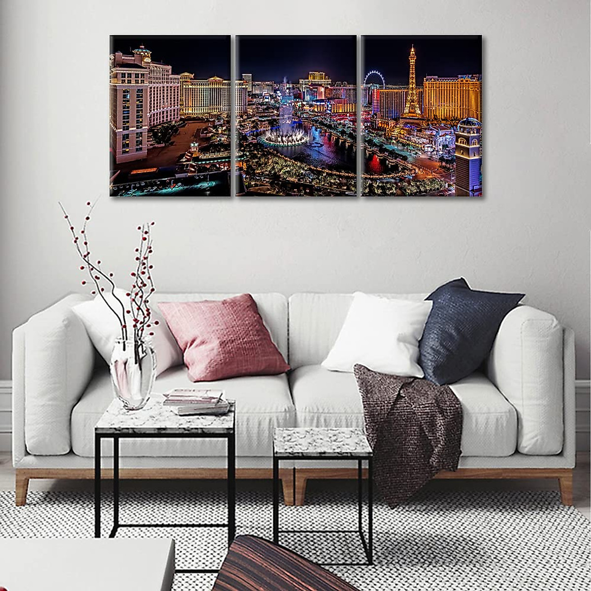 TUMOVO Canvas Painting Las Vegas Nevada Cityscape Wall Art Home Decor for Living Room Prints 3 Pieces Bellagio Casino Night View Poster Pictures Stretched Framed Ready to Hang, 12"x16"x3 Panels