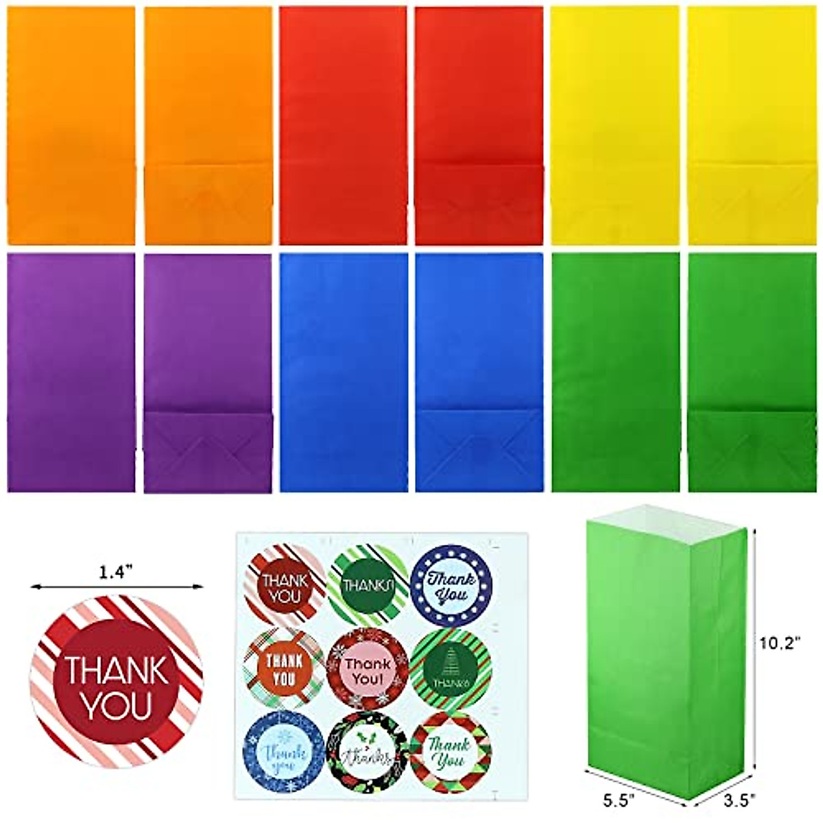 MOZRRO Mix Color 12 Pack Gift Bags with Thankyou Sealing Stickers, Great for Christmas, Gifts, Lunch, Party, Sweets, Goodies, Retail & Tchotchkes 10.2" x 5.5" x 3.5"
