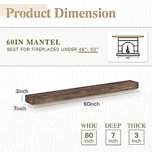 Eshoma Fireplace Mantel, 60 Inch Handcrafted Wood Mantles with Invisible Heavy Duty Metal Bracket, Floating Mantel Shelf for Wall Decor, Brown