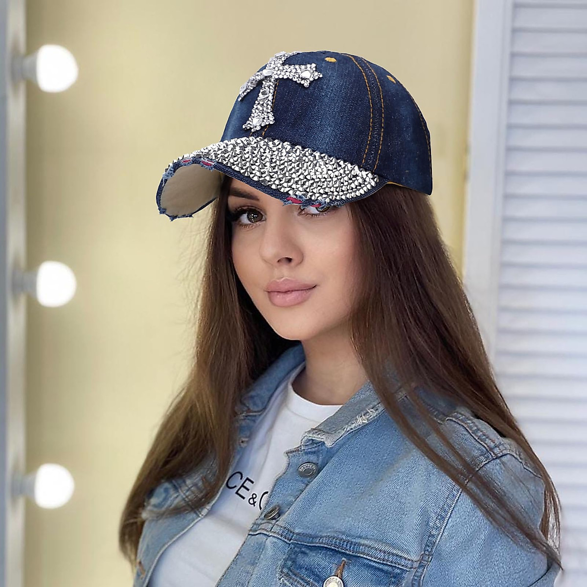 Song Qing Jean Snapback Hat Women Men Bling Cross Rhinestones Denim Baseball Cap Dark Blue