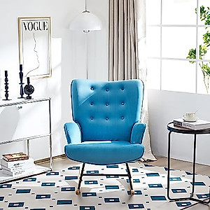Kosydown Basic Blue Rocking Chair, Velvet Rocking Chair Nursery, Upholstered Comfy Armchair with High Backrest for Living Room Bedroom Offices, Solid Wood Legs Reading Chair