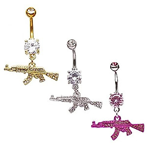 JLEXCMT Fashion Dangle Navel Ring Clear Gem Gun Belly Button Ring Body Piercing Jewelry for Women Belly Piercing Gold Silver