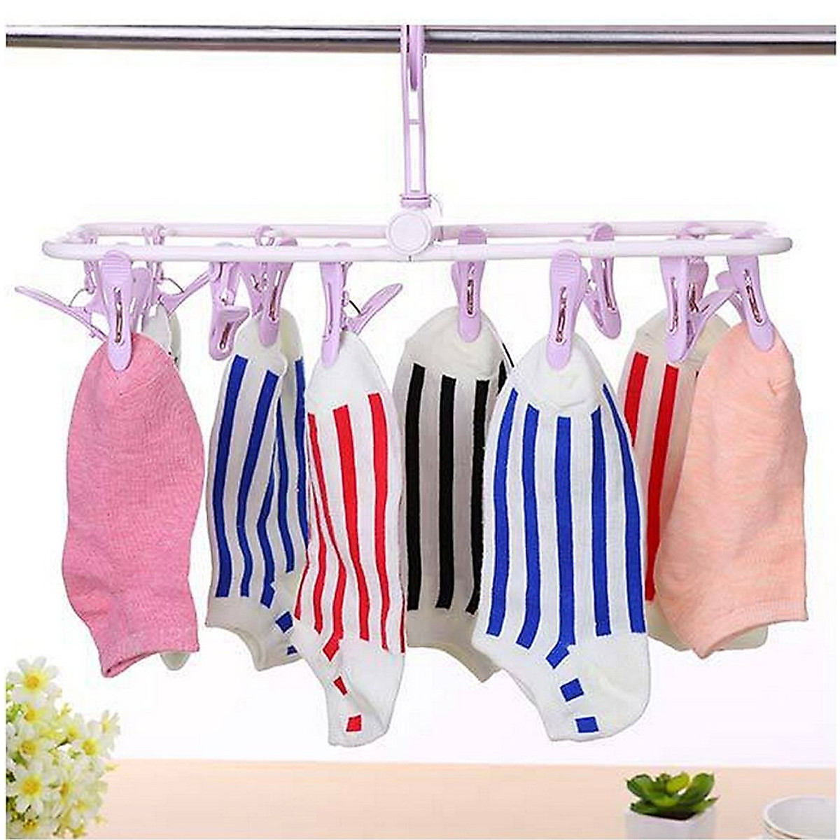 Inoutdoorkit Folding Travel Clip & Drip Hangers, Portable Plastic Clothes Underwear Socks Laundry Drying Hanger Rack With 12 Clips For Home Or Outdoor FPH12 (Light Purple)