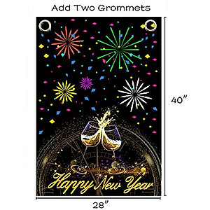 New Years Flag,Happy New Year Garden Flag 28 x 40 Inch Double Sided Fireworks Wine Glass Clock Happy New Year House Flag for New Year Greettings or Decoration with 2 Grommets