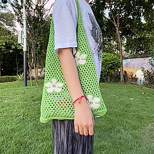 Arcimatto Crochet Tote Bag, Women Summer Aesthetic Mesh Beach Bags, Girls Hobo Bags Y2k Purse Fairy Grunge Accessories (Green Flower)