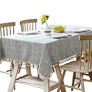 Bettery Home Cotton Linen Rectangular Tablecloth Tassel Plaid Table Cloth for Dining Kitchen Room Tabletop Decoration, 36" x 52" Grey