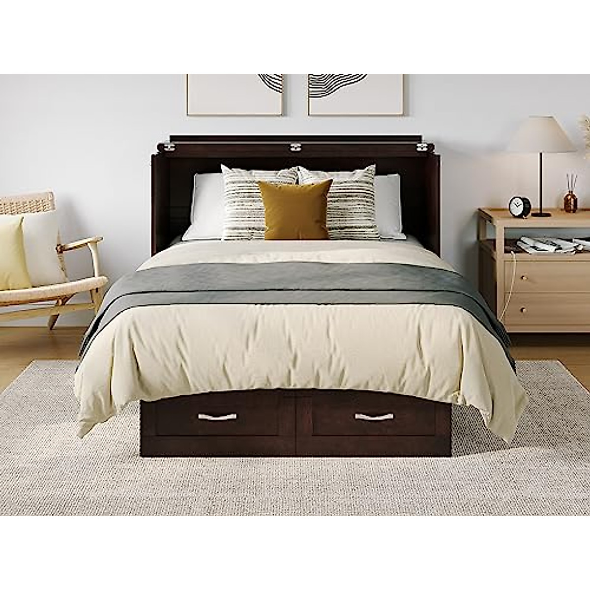 AFI, Monroe Murphy Bed Chest with 6 inch Memory Foam Folding Matttress, Built-in Charging Station and Storage Drawer, Full, Espresso