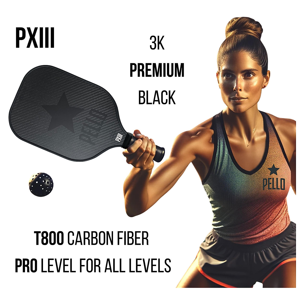 PELLO PXIII Carbon Fiber Pickleball Paddle | Elongated USAPA Approved | Pro-Level Performance Pickleball Paddle for Power, Spin & Control | Carbon Fiber Pickle Ball Paddle Women and Men | (Black)