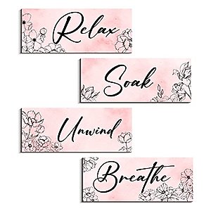 Creoate Pink Bathroom Wall Decor 4 Pieces Relax Soak Unwind Breathe Minimalist Bathroom Signs Floral Print Wooden Hanging Wall Decor for Women Small Farmhouse Home Bathroom