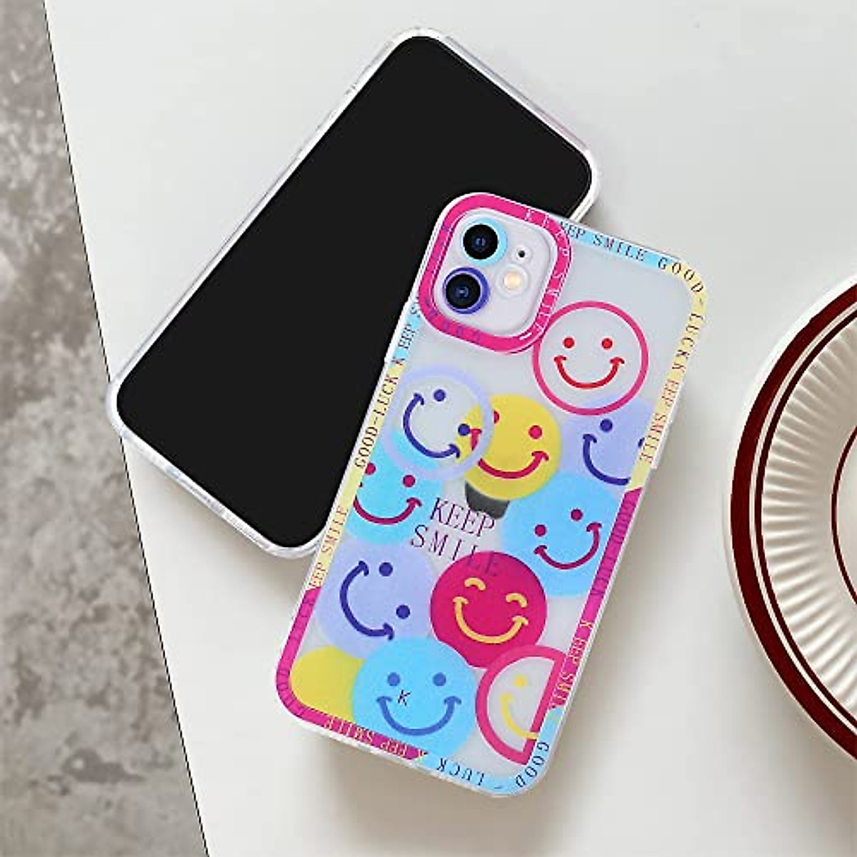 Yebowe [3 in 1] Cute Smiley Face Case for iPhone 11 with Screen Protector+ Beaded Phone Charm, Soft TPU Clear Aesthetic Protective Cover Happy Smile Face Design for Women Girls