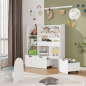FOTOSOK 47'' Kids Bookcase and Bookshelf, Multifunctional Bookcase with 5 Storage Cubbies and 3 Movable Drawers, Bookcase Display Stand, Toy Storage Organizer for Bedroom, Playroom, Hallway, White