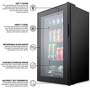 Ivation 101 Can Beverage Refrigerator | Freestanding Ultra Cool Mini Drink Fridge | Beer, Cocktails, Soda, Juice Cooler for Home & Office | Reversible Glass Door & Adjustable Shelving - Black