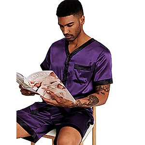 Ekouaer Silk Pajamas for Men Satin Pajama Shorts 2 Piece Button Down Pj Set V Neck Sleepwear Loungewear with Pockets S-XXL Purple