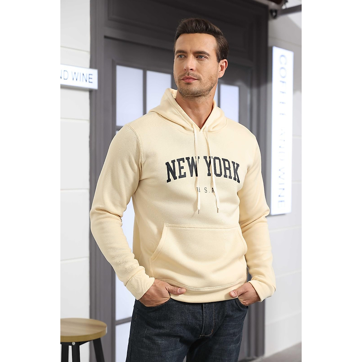 Men's Oversized Pullover Letter Print Graphic Hoodies Long Sleeve Casual New York Sweatshirt with Pocket Mens Pockets Hoodie Black Hoodies Men Trendy Clothes For Men,(Khaki,6XL)