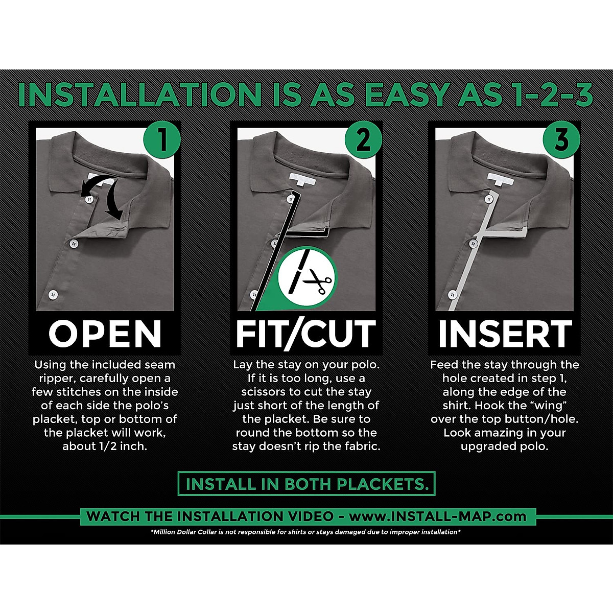 5 Sets of Collar Placket Stays, DIY Insert for Polo/Golf Shirt Placket Stay, One Size Fits All 5-Minute Install, Wash/Dry Safe, Million Dollar Collar Placket Stays for Men & Women Polo Shirts