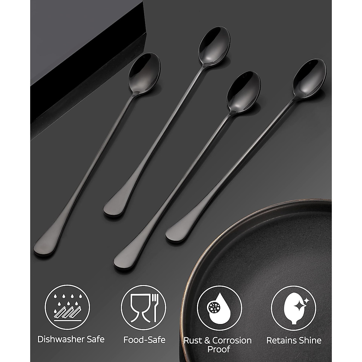 Lovingly Yours 9.5-Inch Long Handle Ice Tea Spoons, Ice Cream Spoons, Black Long Coffee Spoons, Stainless Steel Long Spoons for Stirring, Set of 4