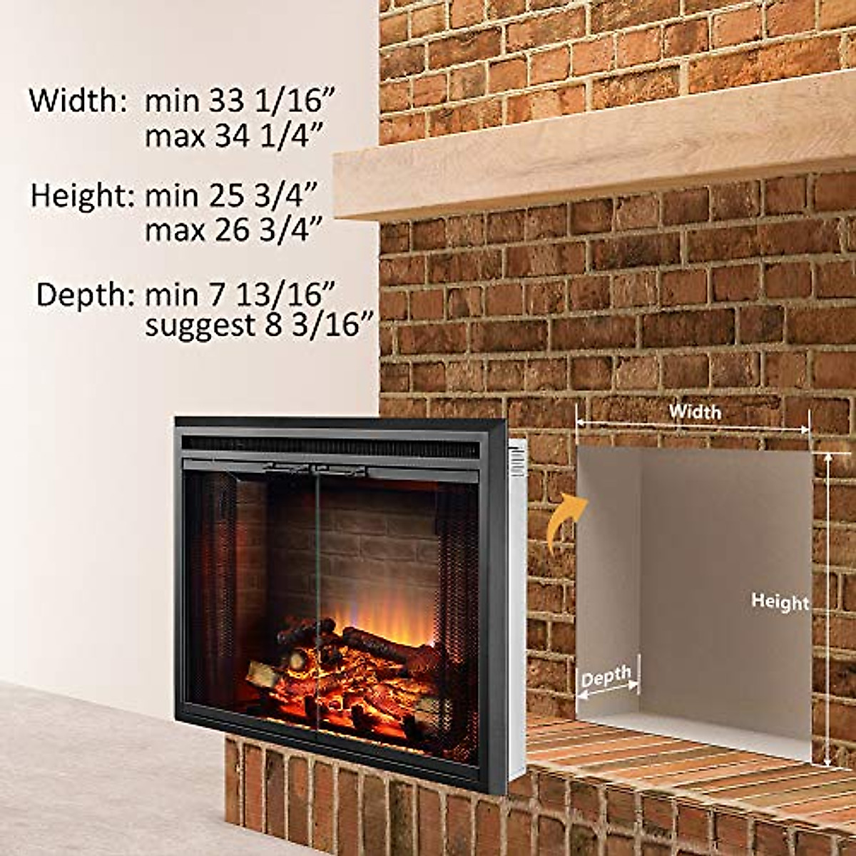 PuraFlame Klaus Electric Fireplace Insert with Fire Crackling Sound, Glass Door and Mesh Screen, 750/1500W, Black, 33 1/16 Inches Wide, 25 9/16 Inches High