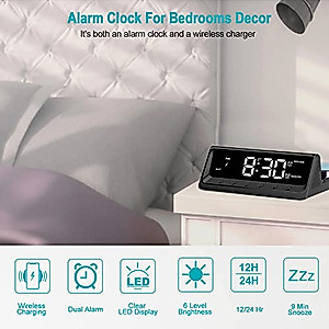 Alarm Clocks for Bedrooms with Charger, Bedside Alarm Clock with Wireless Charging Station, USB Port, Dimmer, Adjustable Volume, Electric Alarm Clock with Battery Backup for Heavy Sleepers Adult Teens