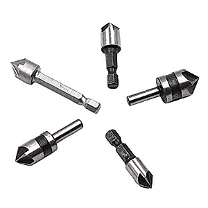 Chiloskit 5pc Industrial 5 Flutes 82 Degree Countersink Drill Bit Set Wood Metal Working Chamfer and Deburring Tool