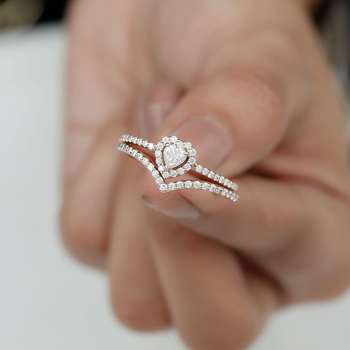 1.25 CT Moissanite Bridal Ring Set, D-VS1 Quality, Heart Shape Moissanite Wedding Ring Set, 14K Rose Gold, Size:US 10.00