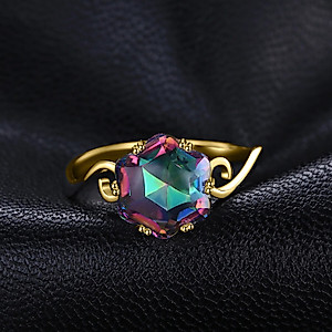 JewelryPalace Fancy Cut 5.7ct Multicolor Genuine Rainbow Quartz Cocktail Rings for Her, 14K Yellow Gold Plated 925 Sterling Silver Ring for Women, Natural Gemstone Jewelry Rings 7