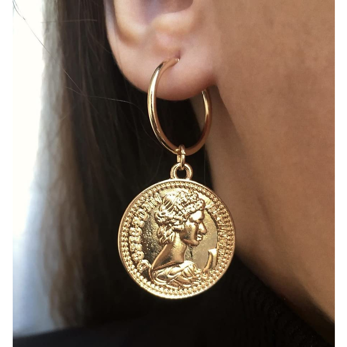 Doubnine Coin Hoops Earrings Medallion Greek Goddess Portrait Gold Dainty Tiny Disc Dangle Women Fashion Jewelry