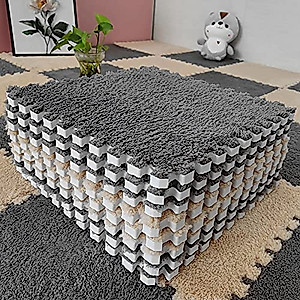 12-Piece Thickened Plush Foam Interlocking Floor Mat 0.6" Thick- Fluffy Square Interlocking Foam Tiles with 12 Edgings Soft Anti-slip Puzzle Area Rug Playmat for Room Floor (11.8", Gray & Light Brown)