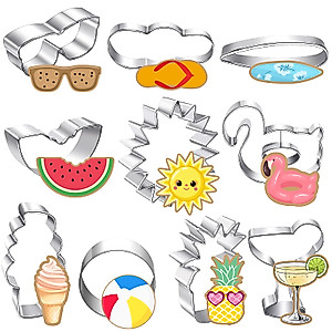 Didaey 10 Pieces Summer Pool Cookie Cutters Pineapple, Ice Cream, Flamingo, Flip Flop Sunglasses, Watermelon Cookie Cutters Molds for Summer Tropical Beach Pool Party Supplies Decorations