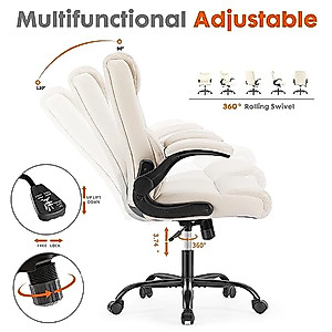 Sweetcrispy Ergonomic Executive Office Chair: Desk Chair with Wheels Mid Back Computer Chair with Lumbar Support Height Adjustable PU Leather Office Chair Flip Up Arms, Beige White