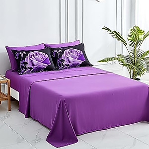 Purple Comforter Set Queen, Reversible Purple Rose Printed 7 Pieces Bed in a Bag, Lightweight Soft Microfiber Comforter Bedding Sets with Comforter, Flat Sheet, Fitted Sheet, Pillowcases & Shams