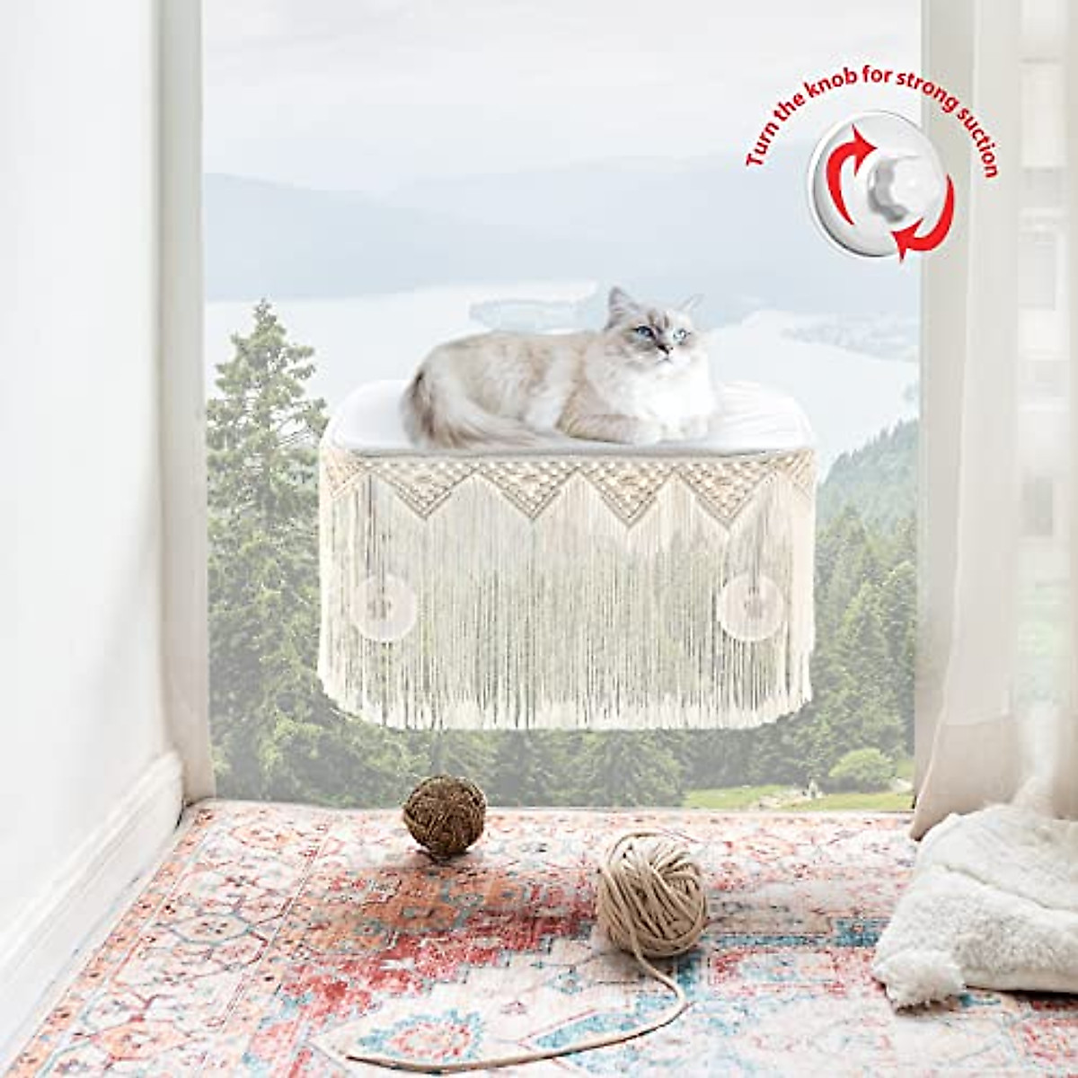 Mkono Macrame Cat Window Perch Hammock for Indoor Cats Boho Cat Window Bed with Woven Tassle Lower Iron Support Sunbathing Pet Resting Seat Safely Space Saving Swing Shelf Kitty Gift Idea