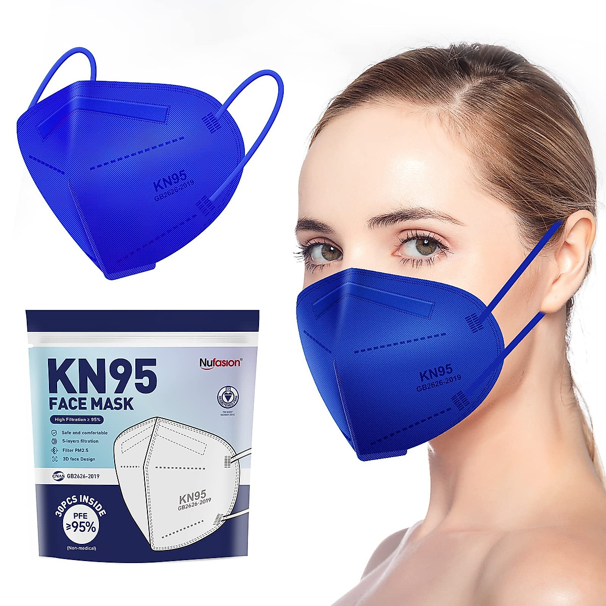 Nufasion KN95 Face Masks for Adults - 30pcs Cup Safety Disposable KN95 Masks Breathable 5-Layer Filtration rate ≥95% Comfortable Wide Elastic Ear Loop KN95 Mask Blue for Daily, Travel Protection
