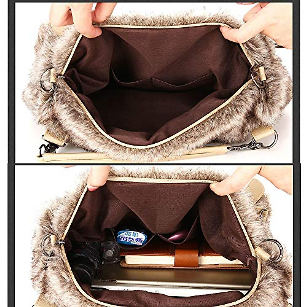 QTMY Brown Faux Fur Tote Crossbody Bag Purse Handbag for Women