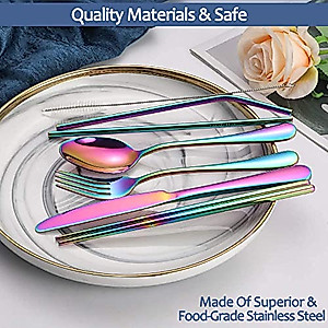 Travel Reusable Utensils Silverware with Case,Camping Cutlery set,Chopsticks and Straw for Camping, Portable Flatware Cutlery Set with Case, Stainless steel Travel Utensil set 8 Piece AF(Rainbow)