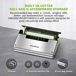 Bonsenkitchen Vacuum Sealer Machine, Powerful Food Sealer with 5 Modes, Built-in Cutter & Bag Storage,Globefish Technology for High-Speed Continuous Working, Include 1 Bag Roll, Stainless Steel