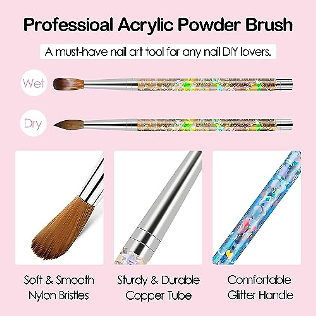 NailsBeauty 5PCS Acrylic Nail Brush Set - Acrylic Nail Brushes for Acrylic Application, Silver Glitter Acrylic Brushes for Nails Professional Acrylic Powder Brushes for Nail Art (#6#8#10#12#14)