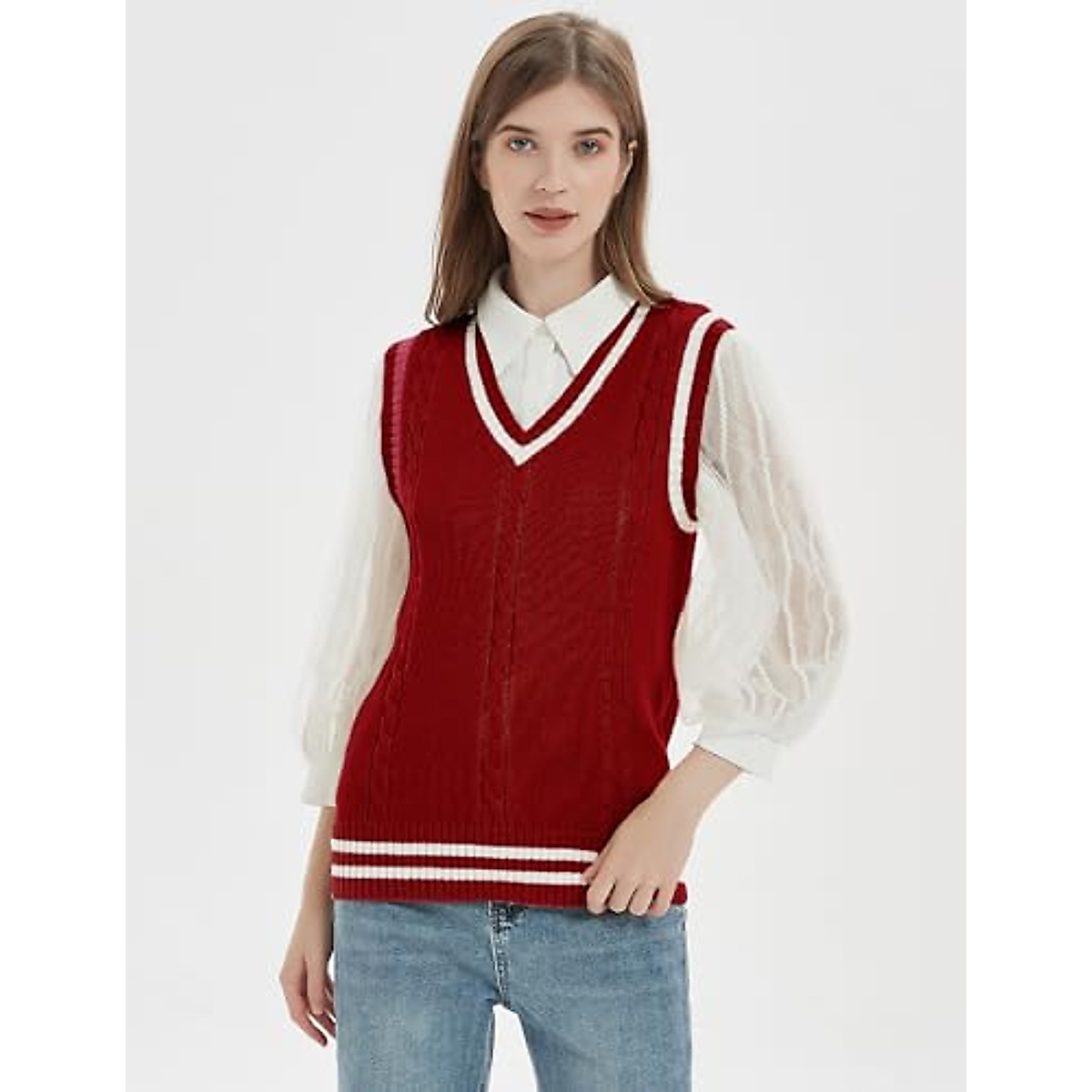 Gihuo Women's V Neck Sweater Vest Uniform Cable Knit Sleeveless Sweater (Wine, Small)