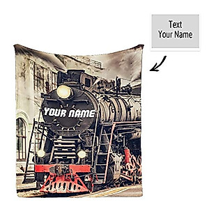 CUXWEOT Custom Blanket with Name Text,Personalized Retro Steam Train Super Soft Fleece Throw Blanket for Couch Sofa Bed (50 X 60 inches)
