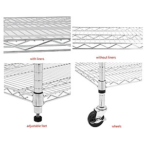 5-Tier Metal Wire Shelving Unit with Wheels, 60" L×24" W×72" H Heavy-Duty Adjustable Shelving and Storage Racks with Liners, for Commercial, School, Home, Garage, Warehouse, Industrial, Silver