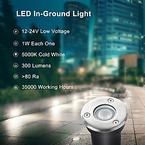 ATCD Low Voltage In-Ground Lights Outdoor Landscape LED Well Deck Step Lighting for Garden Pathway Driveway, 12V 24V 1W 100LM Crystal White, IP67 Waterproof, 1-Pack