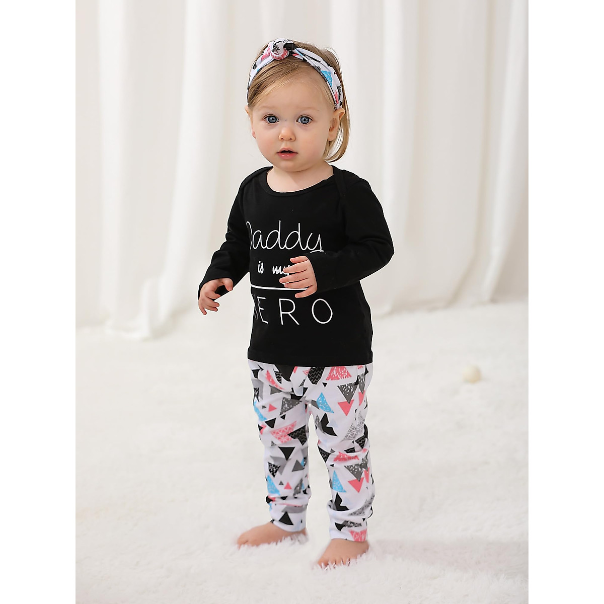 Baby Girls 3Pcs Outfit Set Letters Daddy is My Hero T-Shirt Tops Geometric Pants with Headband (3-6 Months)